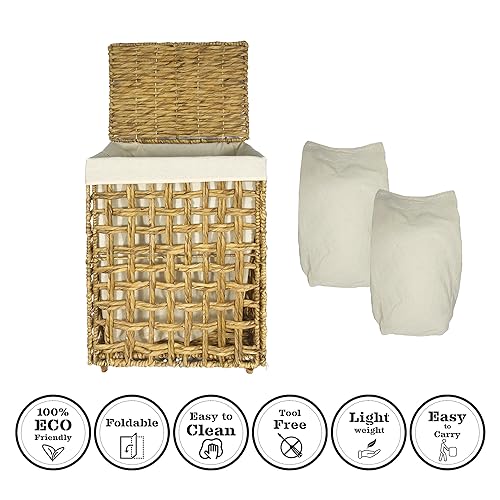 Natural Rectangular Foldable Storage Basket, Laundry hamper with 2 cotton Fitted Bags, 4 Legs, 2 Side Handles, Attached Lid, Made in Vietnam, 23 inch x 13.5 inch x 18 inch