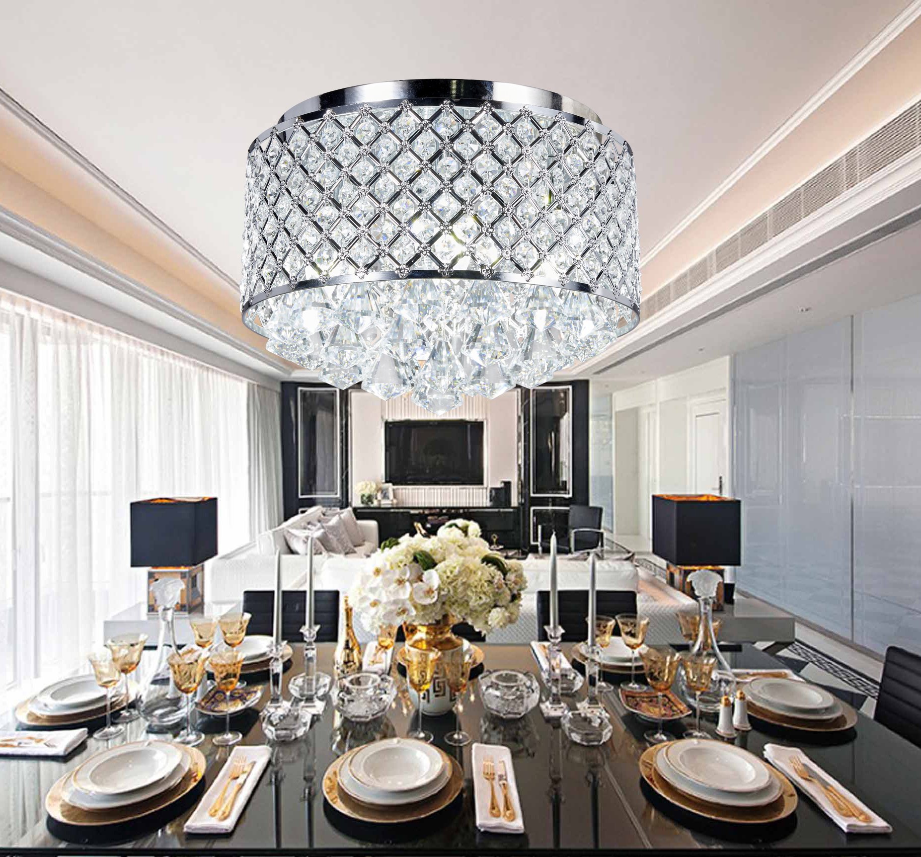 Diamond Life 4-Light Chrome Finish Round Metal Shade Crystal Chandelier Flush Mount Ceiling Fixture