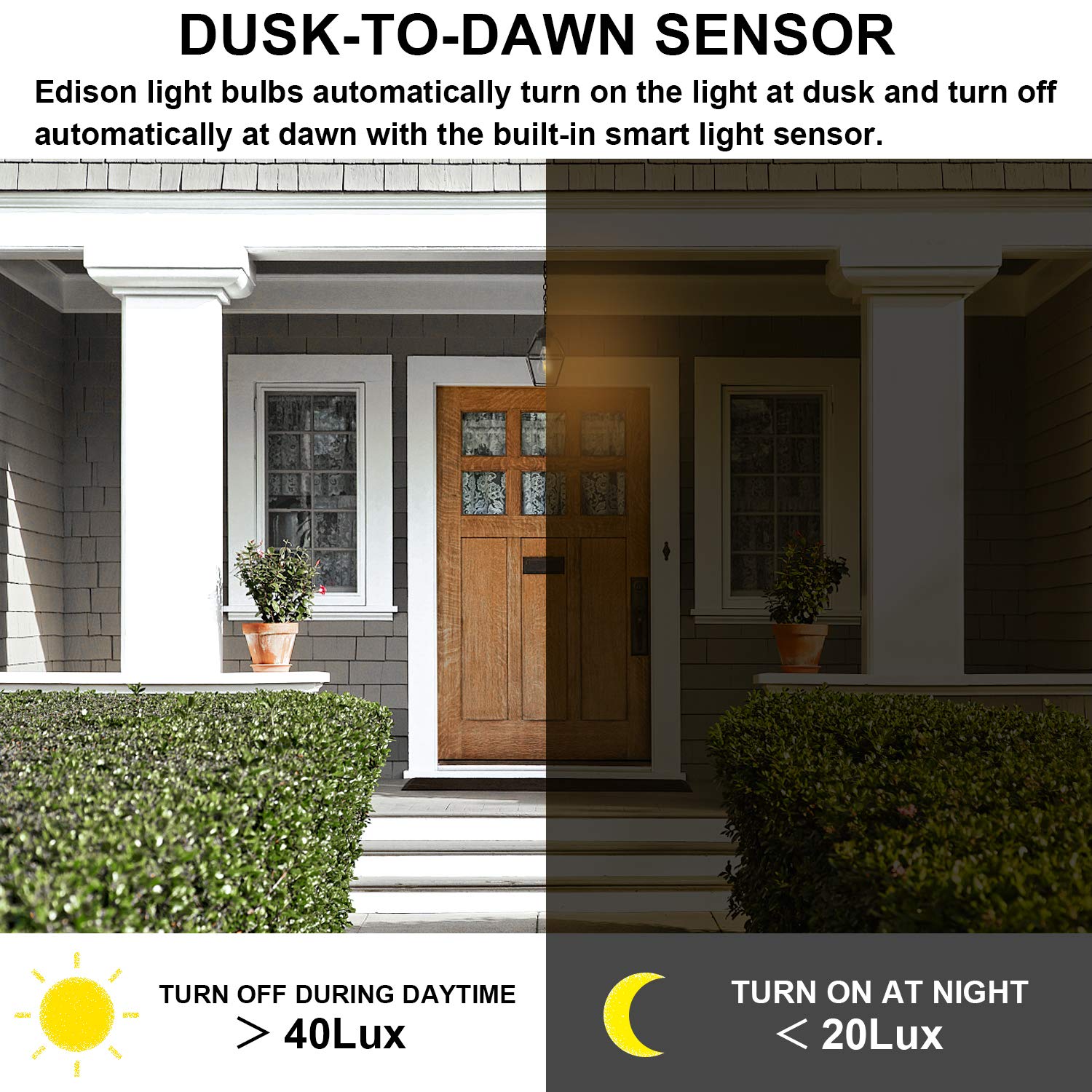 Dusk to Dawn Edison Light Bulbs, ST64 7W(60Watt Equivalent), Automatic On/Off Warm White 2700K Smart Sensor Bulbs, E26 Medium Base, 800LM, Light Sensor Filament Bulb for Outdoor Lighting, Pack of 3