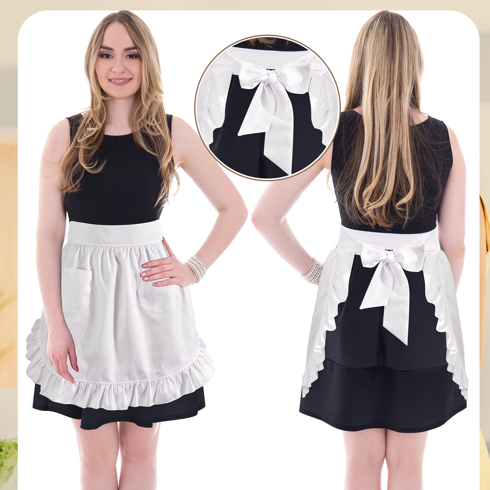 Geyoga Women's Waist Apron Cooking Apron Kitchen Waitress Apron Maid Apron Costume Apron (White,Waist Style)