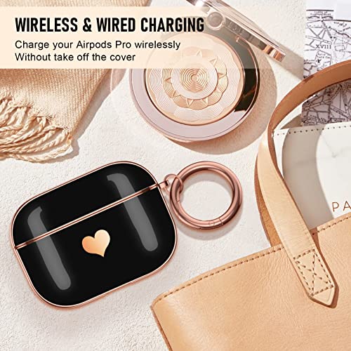 Maxjoy Airpods Pro case Cover,Cute Electroplating with Gold Heart Pattern with Lanyard Shockproof Cover for Girls Woman Airpods Pro case-Black