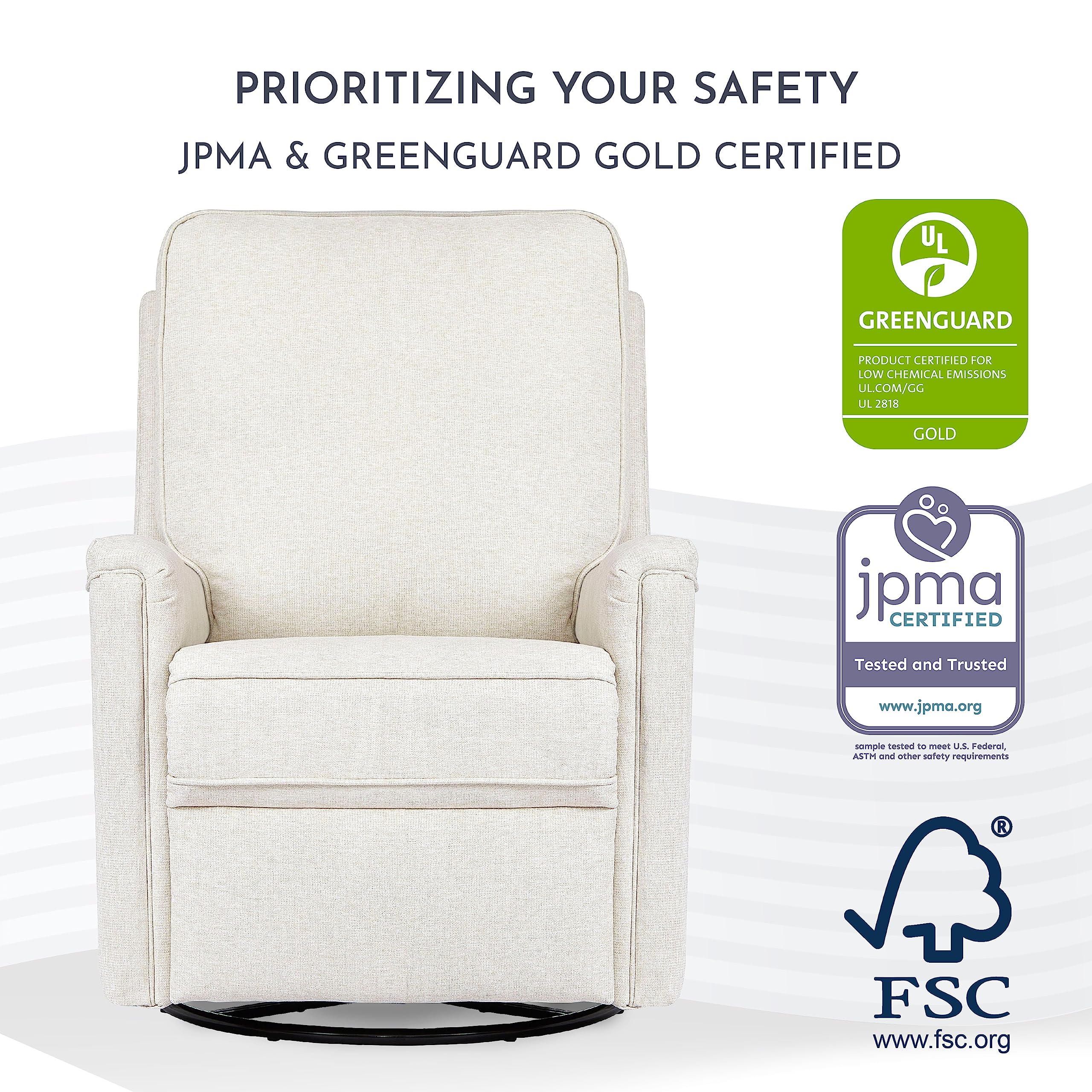 Evolur Beau Upholstered Seating Glider Swivel in Sweet Cream, Greenguard Gold Certified Modern Nursery Recliner with Side Pockets, Tool-Free Assembly, Easy to Clean