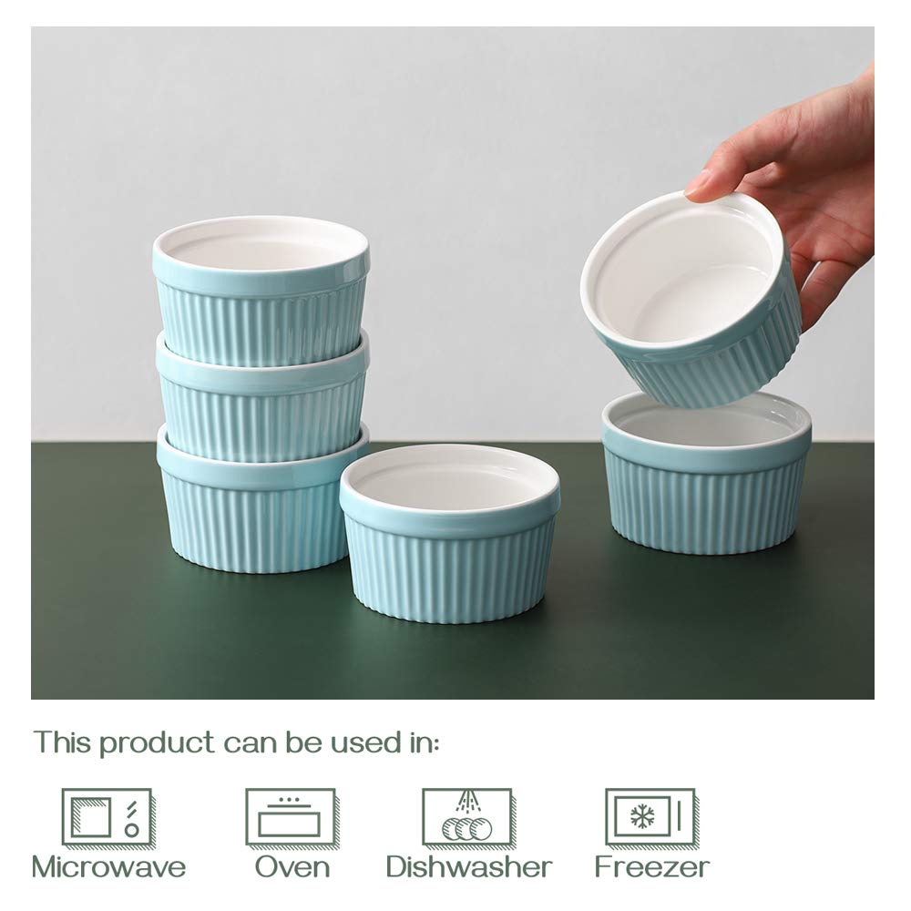 DOWAN 8 oz Ramekins - Ramekins for Creme Brulee Porcelain Ramekins Oven Safe, Classic Style Ramekins for Baking Souffle Ramekins Bowls, Set of 6, Blue
