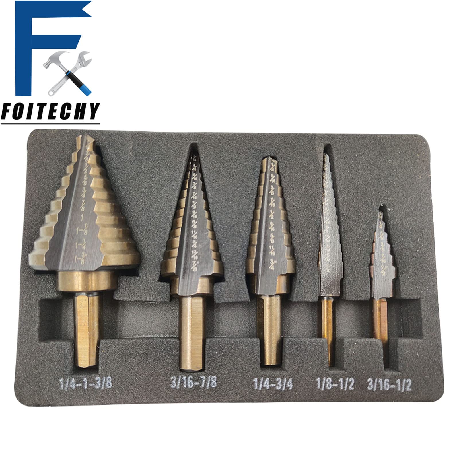 FOITECHY 5Pcs High Speed Step Drill Bit,Stainless Steel Metric Step Drill Bit,Cobalt Step Drill Bits for Metal,50 Sizes in 5 High Speed Steel Unibit Drill Bits Set for Sheet Metal with Aluminum Case