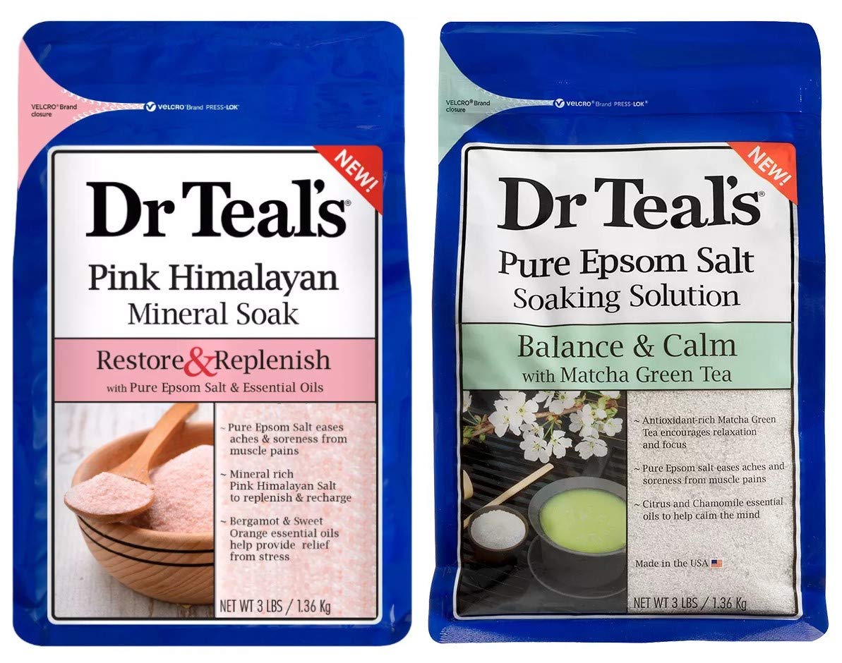Dr. Teal's Epsom Salt Bath Variety Gift Set (2 Pack, 3lbs Ea.) - Restore & Replenish Pink Himalayan, Balance & Calm Matcha Green Tea - Essential Oils Blended with Pure Epsom Salt Eases Aches & Pains