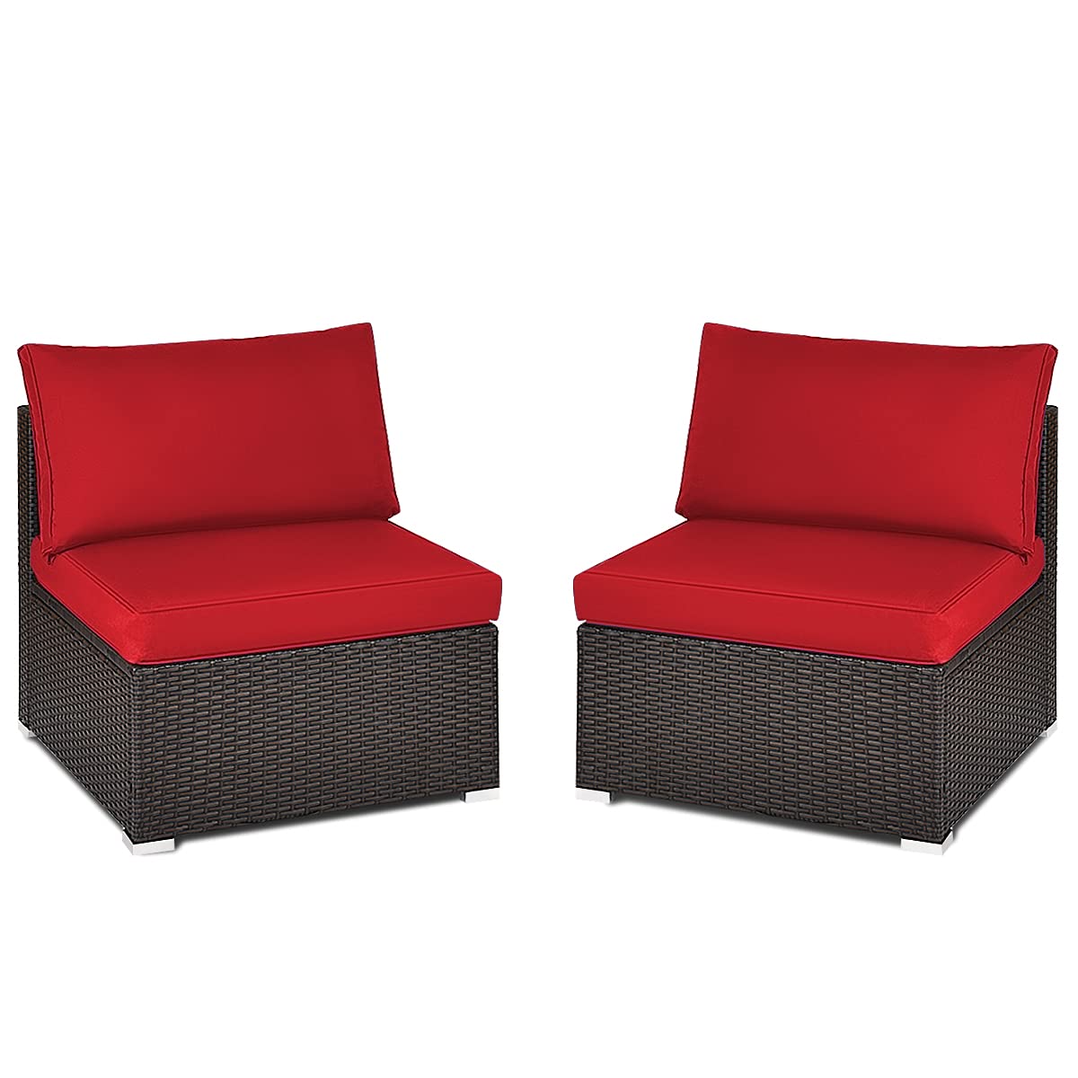 Tangkula 2 PCS Outdoor Wicker Armless Sofa, Patio Rattan Sectional Sofa Set w/2 Thick Seat Cushions and 2 Back Cushions, Additional Seats for Balcony Garden Patio Poolside (Red)