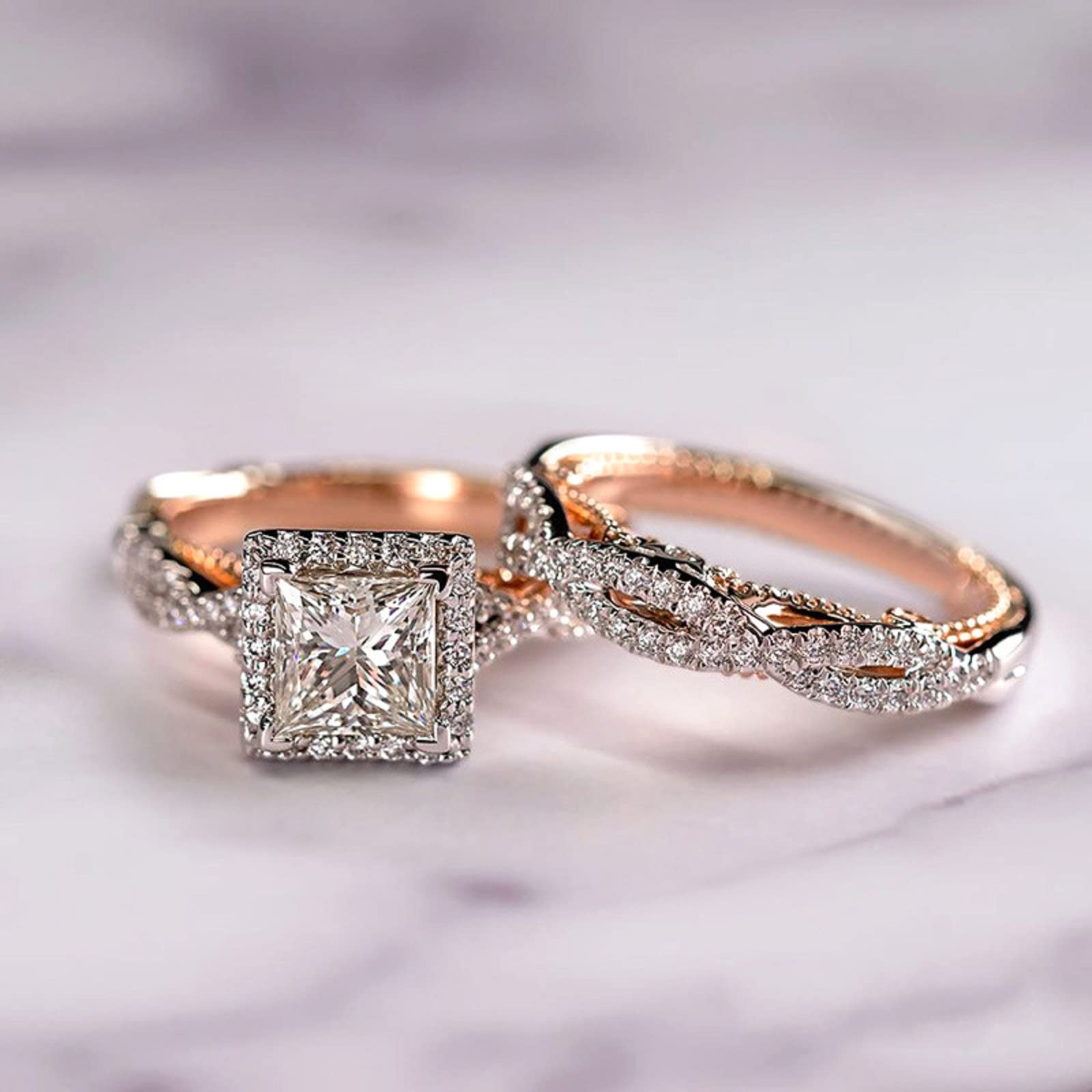 Engagement rings for couples set,3 pc His and Her Wedding Ring Set, Hypoallergenic Rose Gold Ring Set, Cubic Zirconia Bride Promise Rings Set,size 6-10 (9)