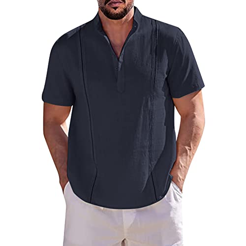 DUOWEI Mens Spring and Summer Solid Color Cotton and Linen with Holes and Lapels and Half Buttoned Short Sleeved Shirts Navy