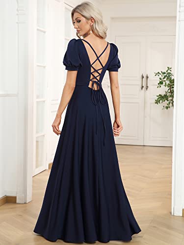 Ever-Pretty Women's Square Neck Short Sleeves Open Back A Line Maxi Holiday Dresses for Women Navy Blue US14