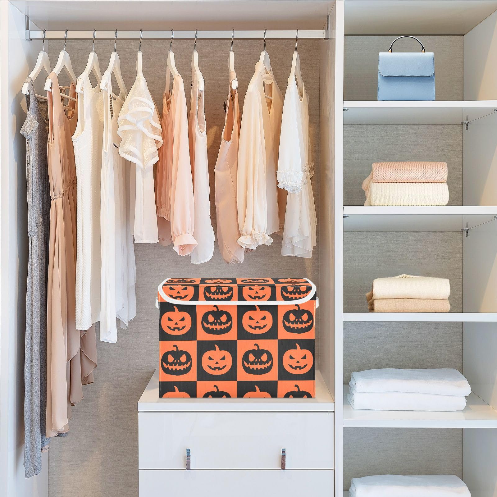 JJoias Foldable Fabric Storage Boxes, Halloweens-black-orange-pumpkins Large Storage Bins with Lids and Handlefor Living Room, Bedroom, Closet, Office