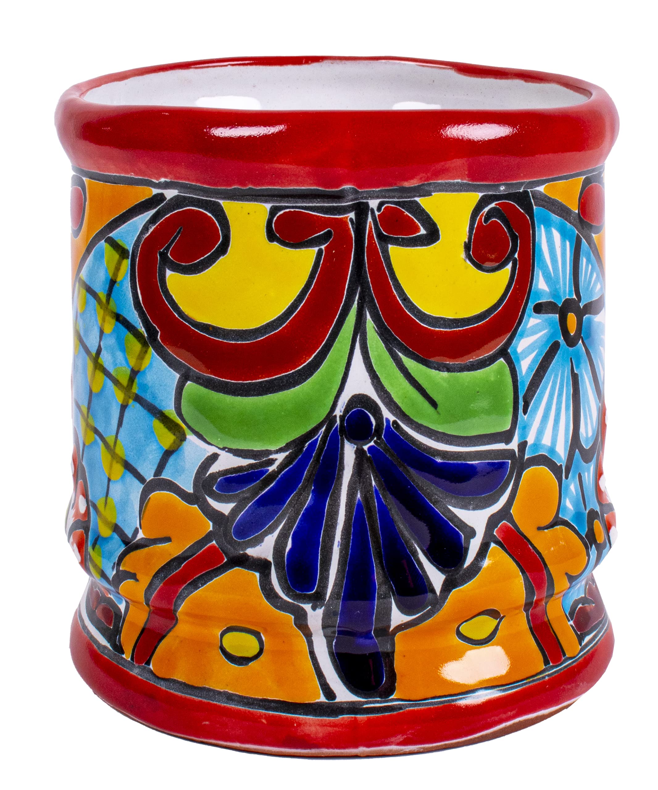 Genuine Mexican Kitchen Talavera Utensil Holder Hand Painted Pottery Ceramic for Kitchen Utensil Crock Spoon Rest Handmade in Mexico by Artisans (Red)