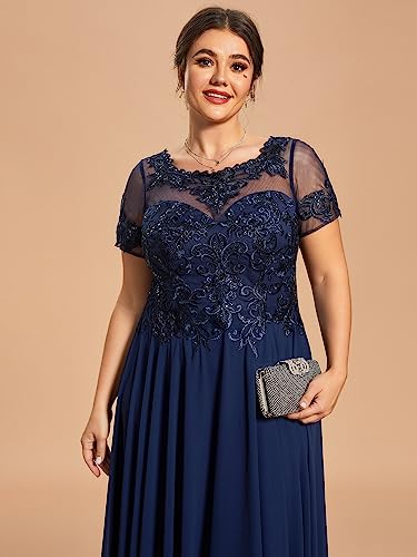 Ever-Pretty Women's Custom Plus Size Elegant Round Neck Embroidered Floor-Length A Line Formal Dresses Navy Blue US26