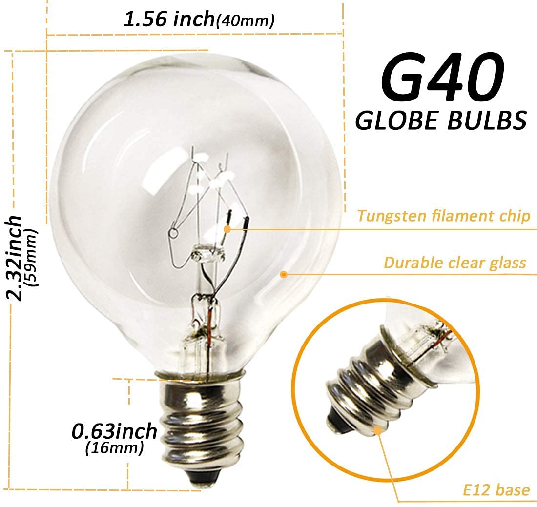 Dr.BeTree G40 Replacement Light Bulbs 25 Pack G40 Bulbs 5W Clear Globe Incandescent String Light Bulbs Fits E12/C7 Candelabra Screw Base Sockets for Indoor Outdoor Patio Party Decor Warm White