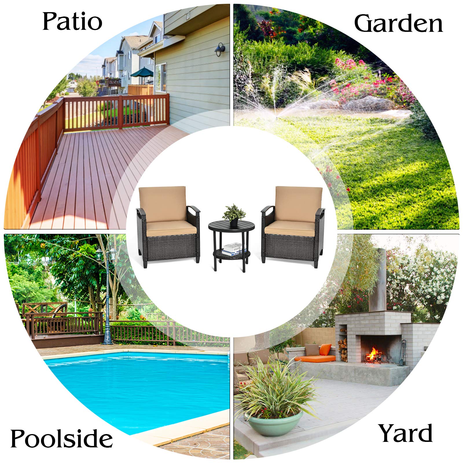 Tangkula 3 Piece Rattan Sofa Set, Patio Conversation Bistro Set w/Coffee Table, Seat and Back Cushions, Sturdy Steel Frame, Outdoor Furniture Set for Garden, Backyard, Balcony, Poolside