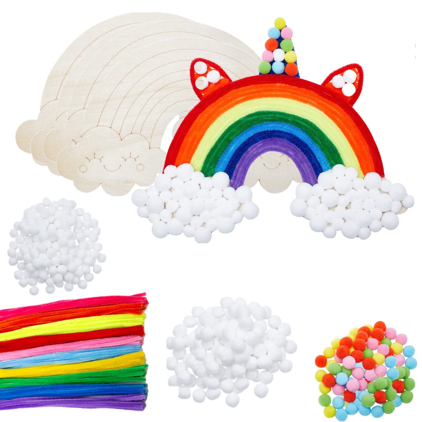 FREEBLOSS 4 Set Wooden Rainbow DIY Craft Art Supply Kits with Craft Cleaners and Foam Pom Poms, Projects Crafting Activity