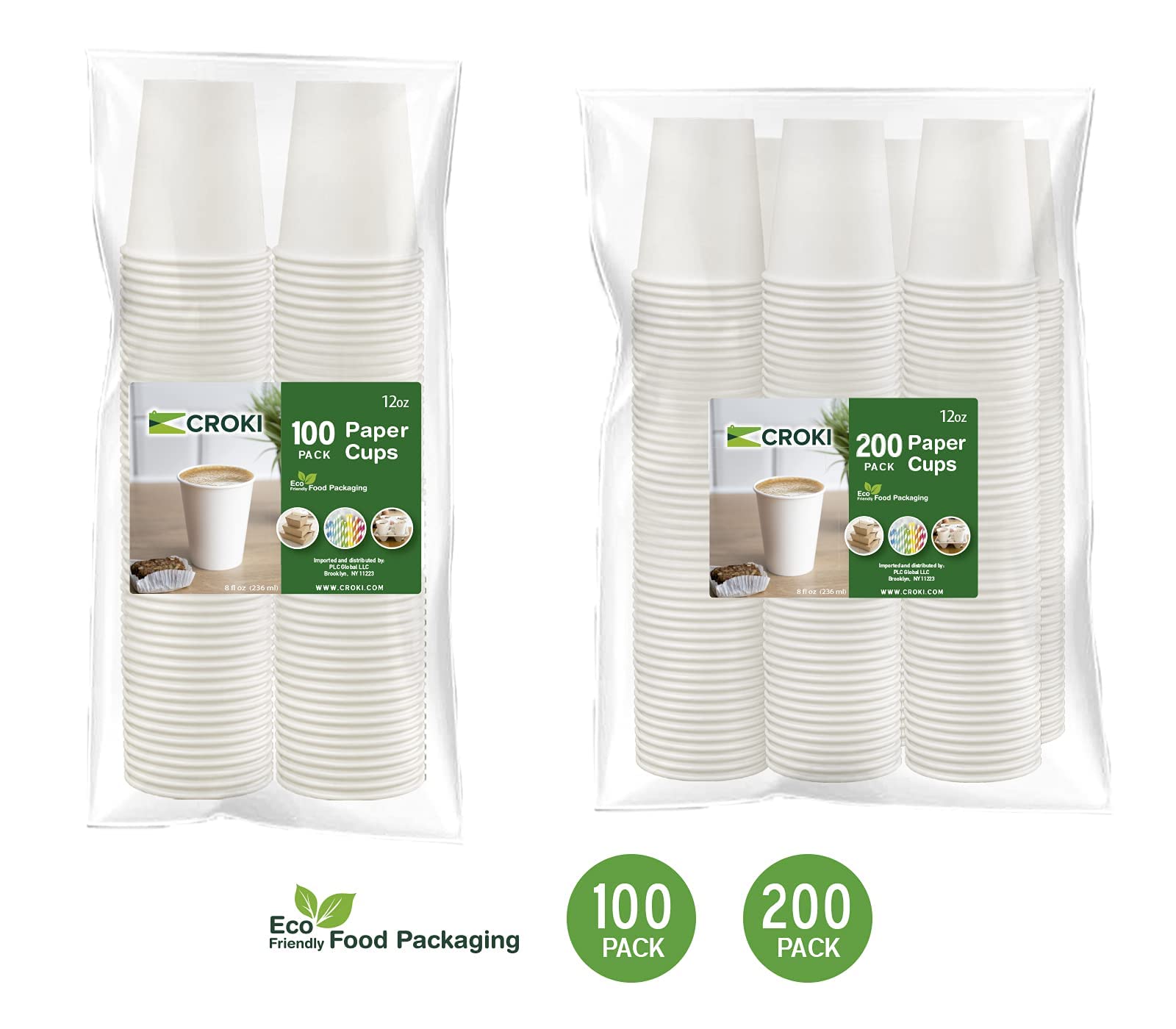 Croki 12 oz. White Paper Coffee Cups - 100 Count - Disposable Hot/Cold Beverage Drinking Cups Ideal for Coffee, Tea, Water, Juice