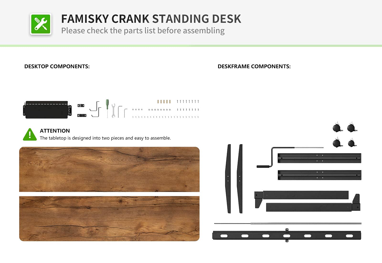 FAMISKY Crank Adjustable Height Standing Desk, 40 x 24 Inches Manual Stand up Desk, Sit Stand Workstation for Home Office with Handle and Splice Board, Black Frame/Walnut Top