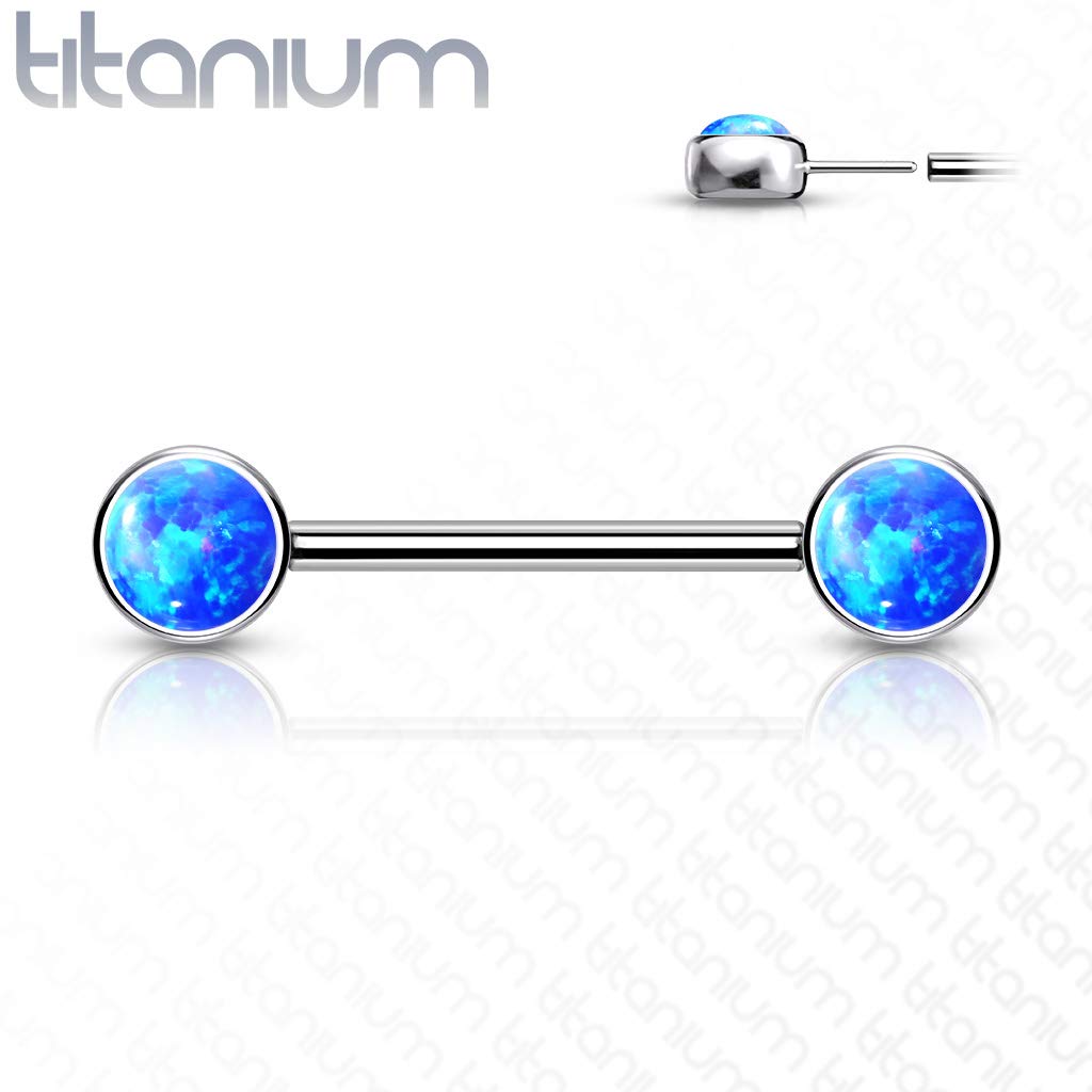 Dynamique Implant Grade Titanium Threadless Push in Nipple Barbell with Opal Bezel Set Forward Facing Flat Tops (Sold Per Pair Or Per Piece)