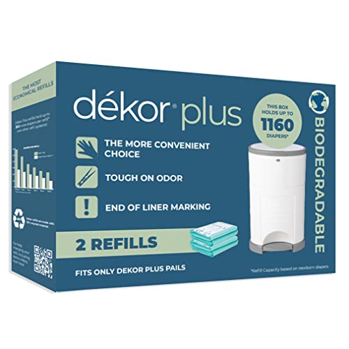 Diaper Dekor Plus Diaper Pail Biodegradable Refills | 2 Count | Most Economical Refill System | Quick & Easy to Replace | No Preset Bag Size – Use Only What You Need | Exclusive End-of-Liner Marking