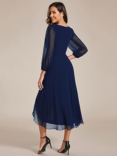 Ever-Pretty Women's Chiffon Spring V Neck Long Sleeves Pleated A-Line Midi Length Wedding Guest Dress Navy Blue US12