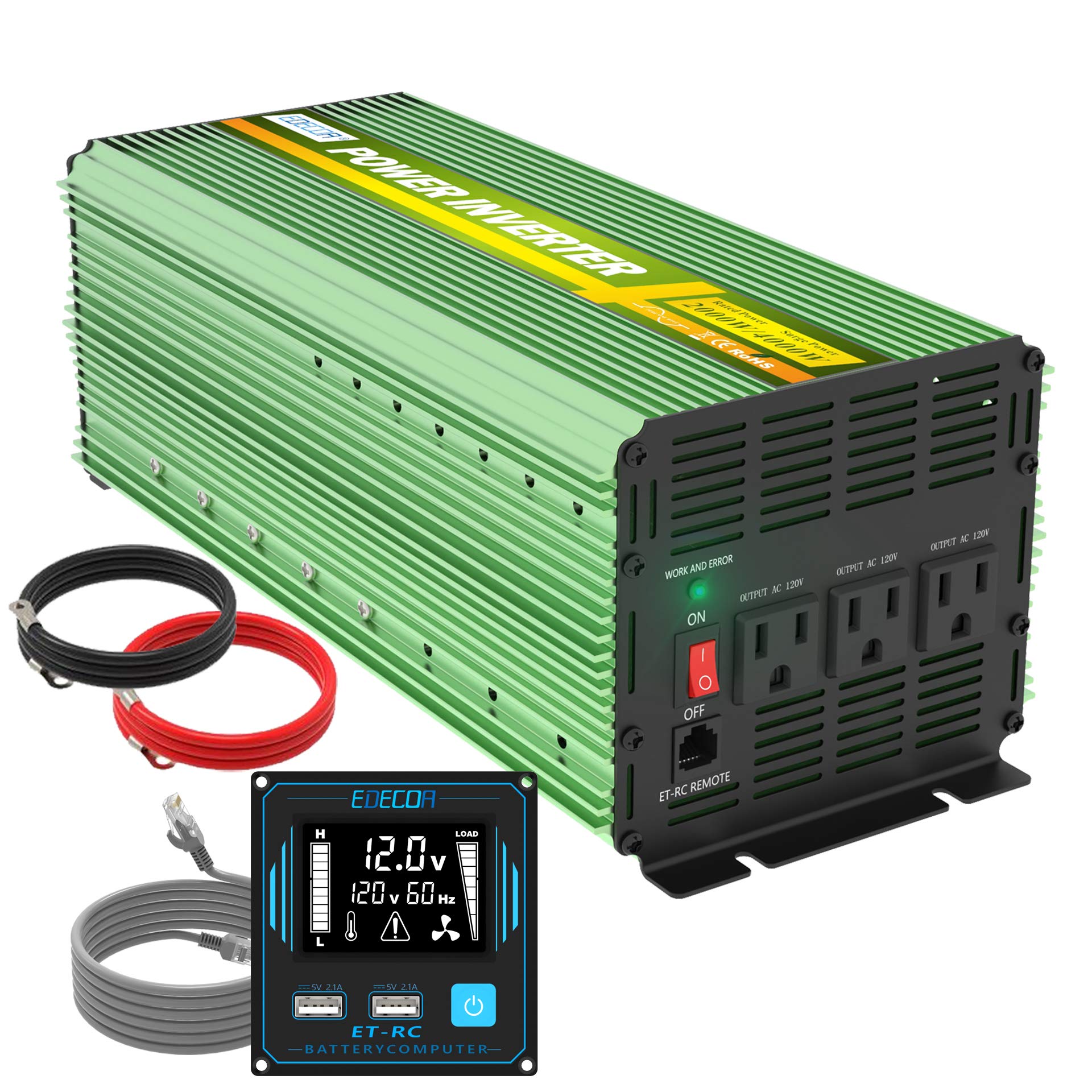 EDECOA 24V 2000W Pure Sine Wave Power Inverter DC 24V to AC 120V 110V with LCD Display and Remote Controller for RV Truck Boat