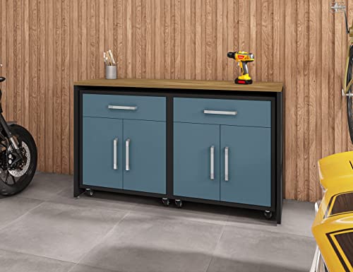 Manhattan Comfort Eiffel Garage Work Station Set of 3 Matte Black and Aqua Blue