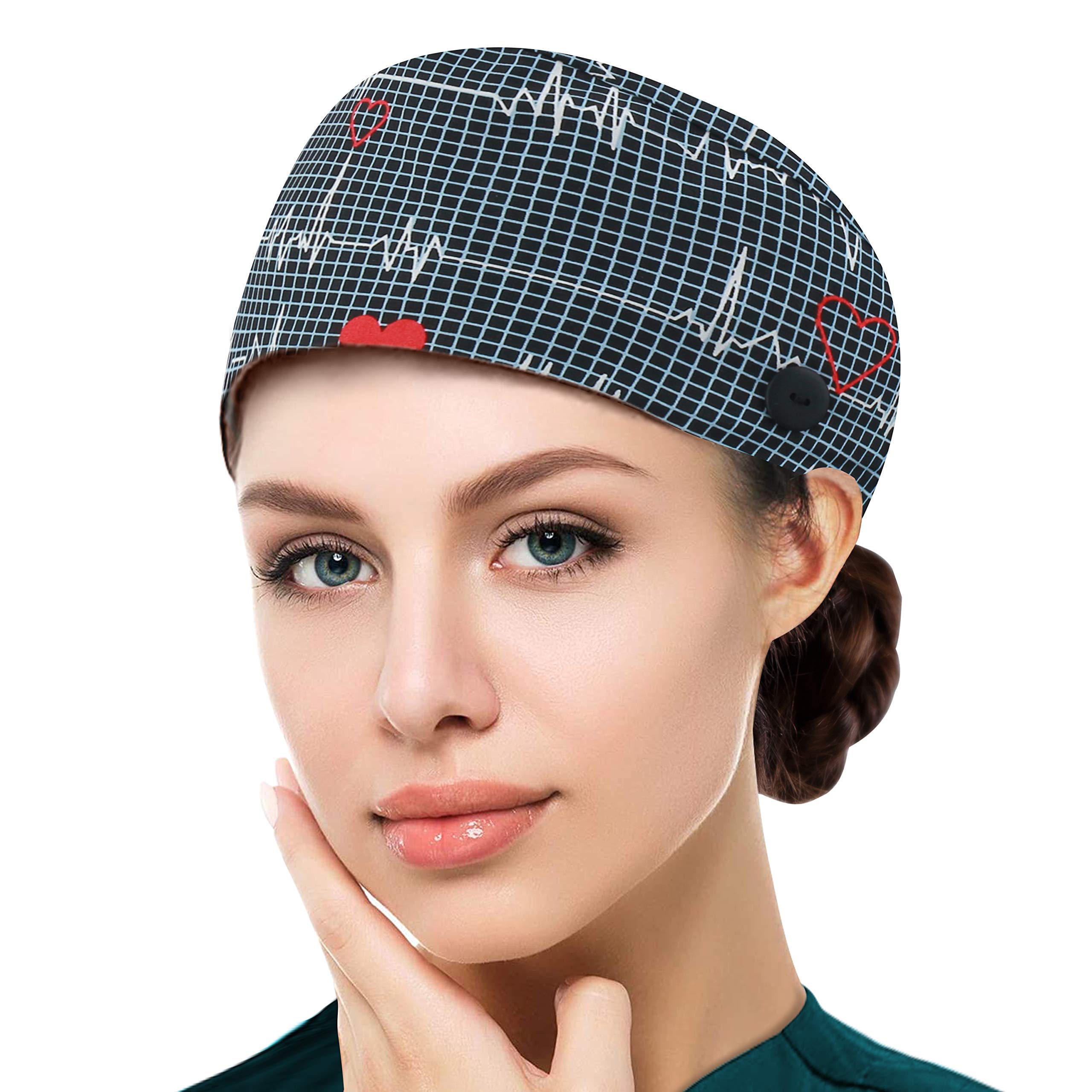 Dfit Adjustable Working Cap with Button, Cotton Working Hat Sweatband, Elastic Bandage Tie Back Hats for Women & Men, One Size, EKG in Black