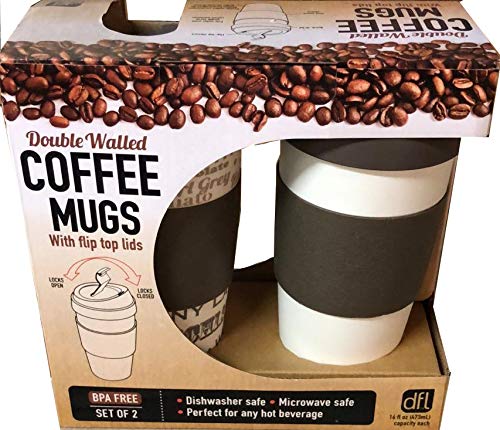 DFL 16 Ounce Double Wall Coffee Mugs, 2 Pack, Brown/Coffee Talk