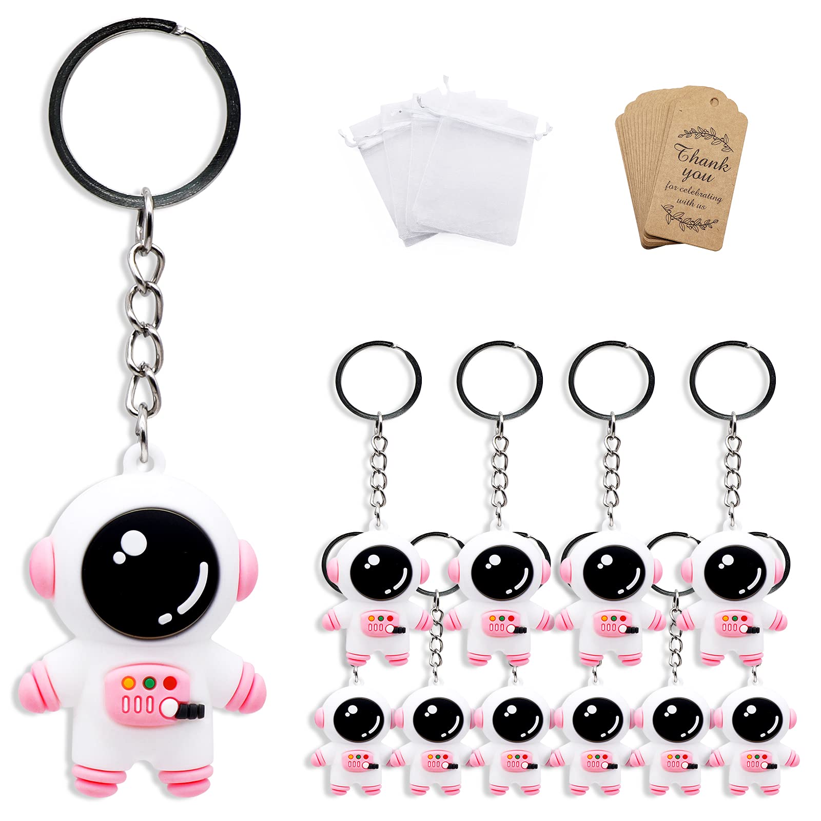 sunny seat Pink 3D Astronaut Outer Space Keychain Birthday Party Favors 24 Sets Cute Astronaut Goodie Gifts with Thank You Kraft Tags And White Gift Bags For Kid Birthday Party Supplies Give Away