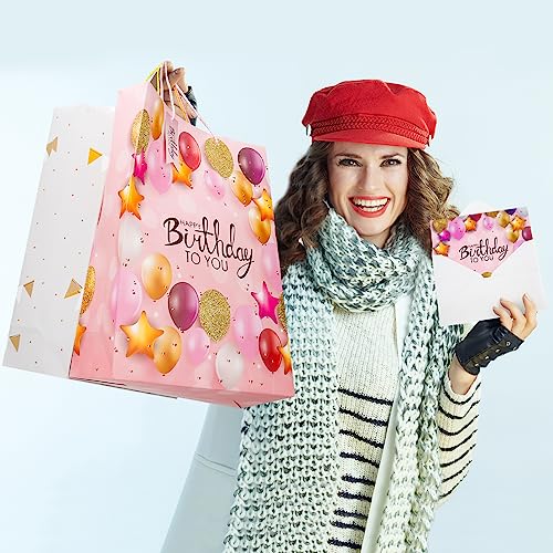 Neatnsharp 17" Large Birthday Gift Bag with Tissue Paper; Gift Bags for Presents - 4 Pack Large Birthday Gift Bags with Handles - (4 Gift Bags, 12 Tissue Paper, 4 Birthday Cards and 4 Envelopes)