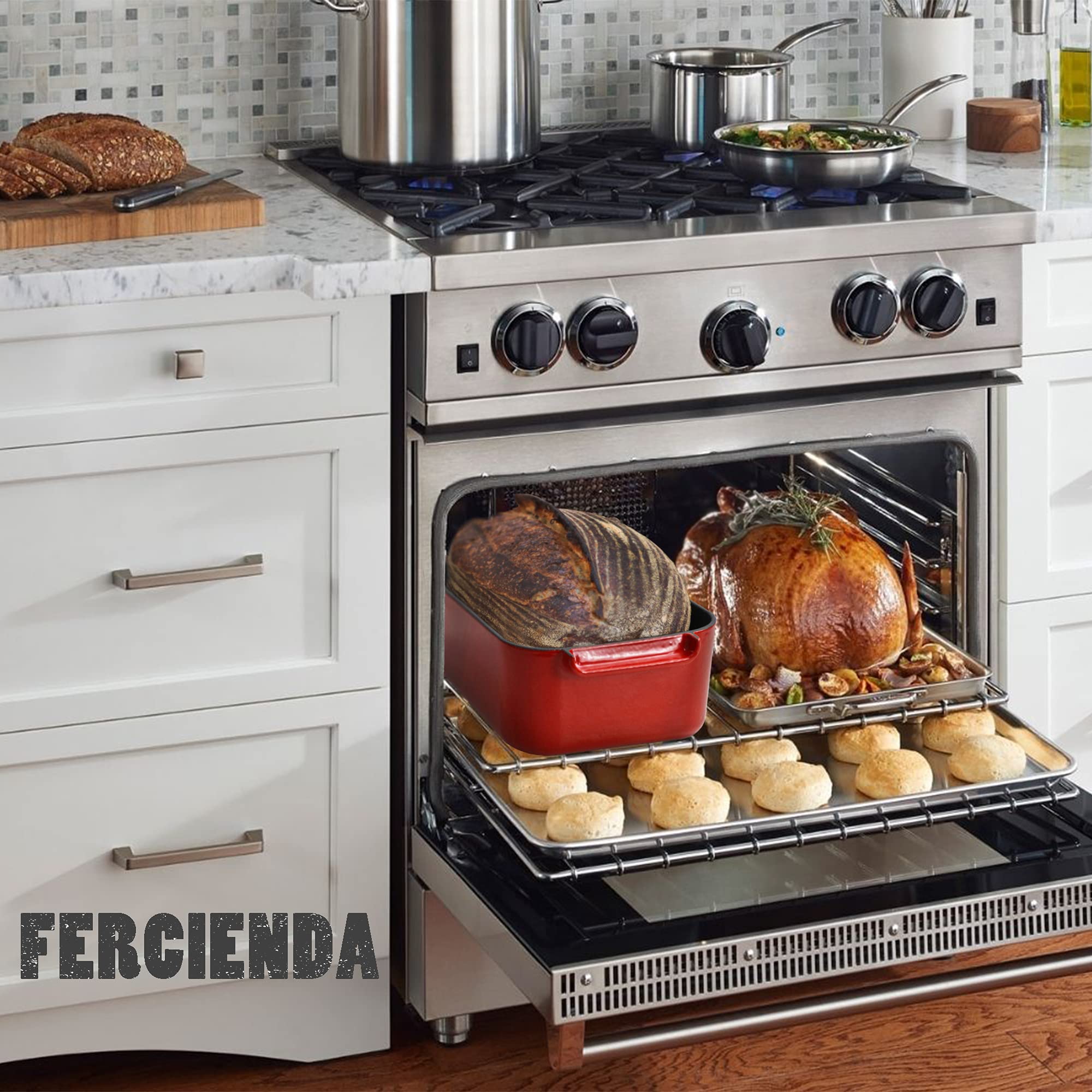 Fercienda 2 in 1 Enameled Cast Iron Pan, 3.5 Quart Double Dutch Oven Set and Rectangle 1.8 Quart Skillet Lid, Use as Loaf Pan or Bread Pan,Cherry