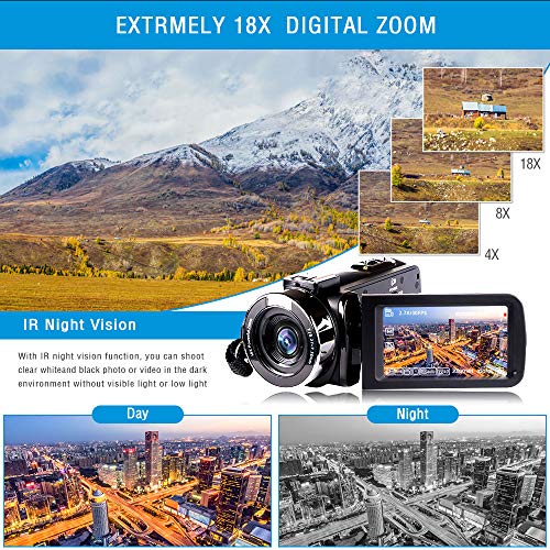 Vmotal Video Camera Camcorder with Microphone, 2.7K HD 42.0 MP 18X Digital Zoom 1080P Vlogging YouTube Recorder, 270 Degree Rotation 3.0 Inch Screen with 2 Batteries Inculde 32GB SD Card