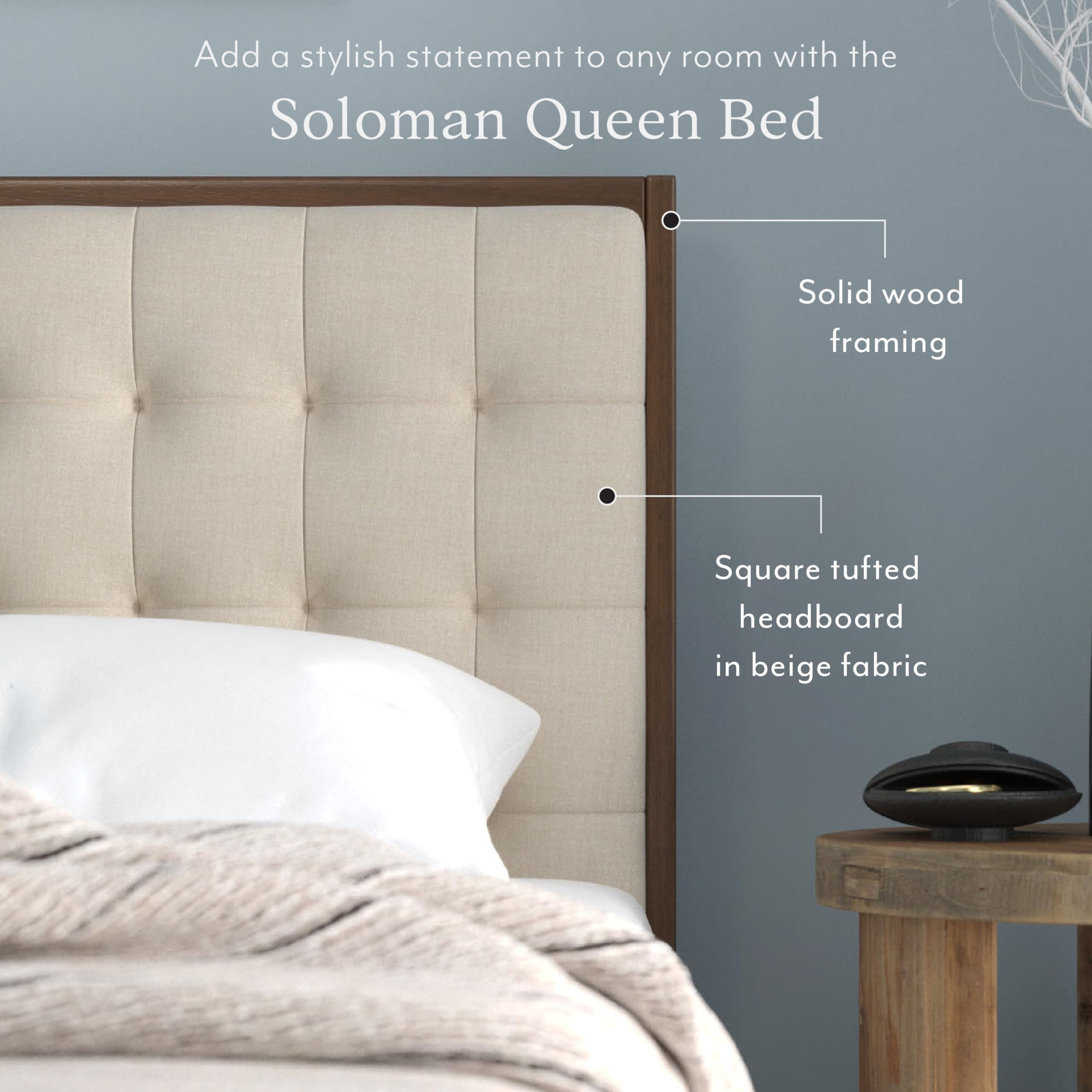 DG Casa Soloman Beige Solid Wood and Upholstered Platform Bed Frame with Tufted Headboard, Full Wooden Slats, Easy Assembly, No Box Spring Required - Modern Mid Century Style King Size Bed