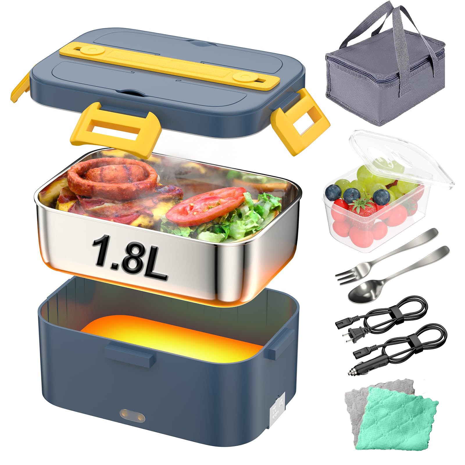 FAMLOVE Electric Lunch Box Food Heater - 1.8l Portable Lunch Warmer, Upgraded Leakproof Heated Lunch Box for work/Office/Car/Truck with fork & Spoon and Insulated Carry Bag (Blue)
