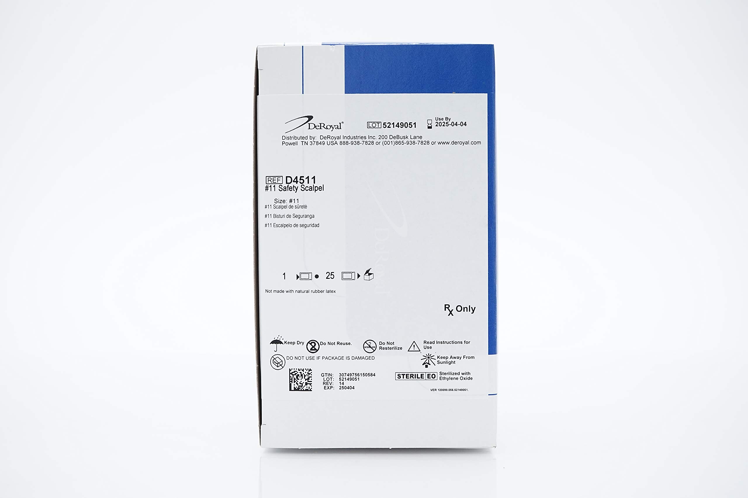 DeRoyal D4511 Safety Scalpel, Size #11, Sterile, Pack of 50