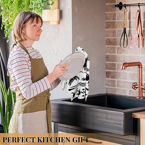 Newwiee 6 Pieces Boho Kitchen Towels Black and White Funny Dish Towels Ocean Animal Themed Tea Towels Absorbent Towels for Boho Housewarming Gifts Kitchen Decoration, 16 x 28''