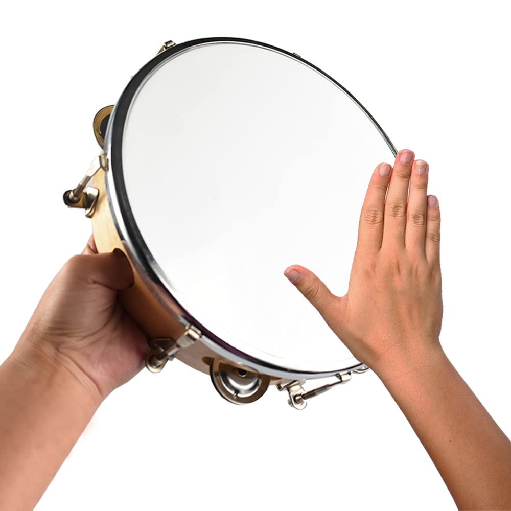 ENNBOM Tambourines for Adults Hand Held Ring Bell Adjustiable Metal Jingles Wood Frame Hand Drum (10")