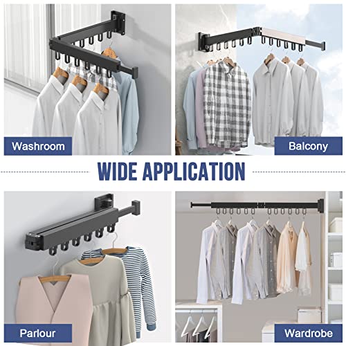 MIFXIN Retractable Clothes Drying Rack Laundry Wall Mounted Two-Fold Drying Rack Collapsible Clothes Hanger Folding Clothing Rack for Laundry Balcony (Black)