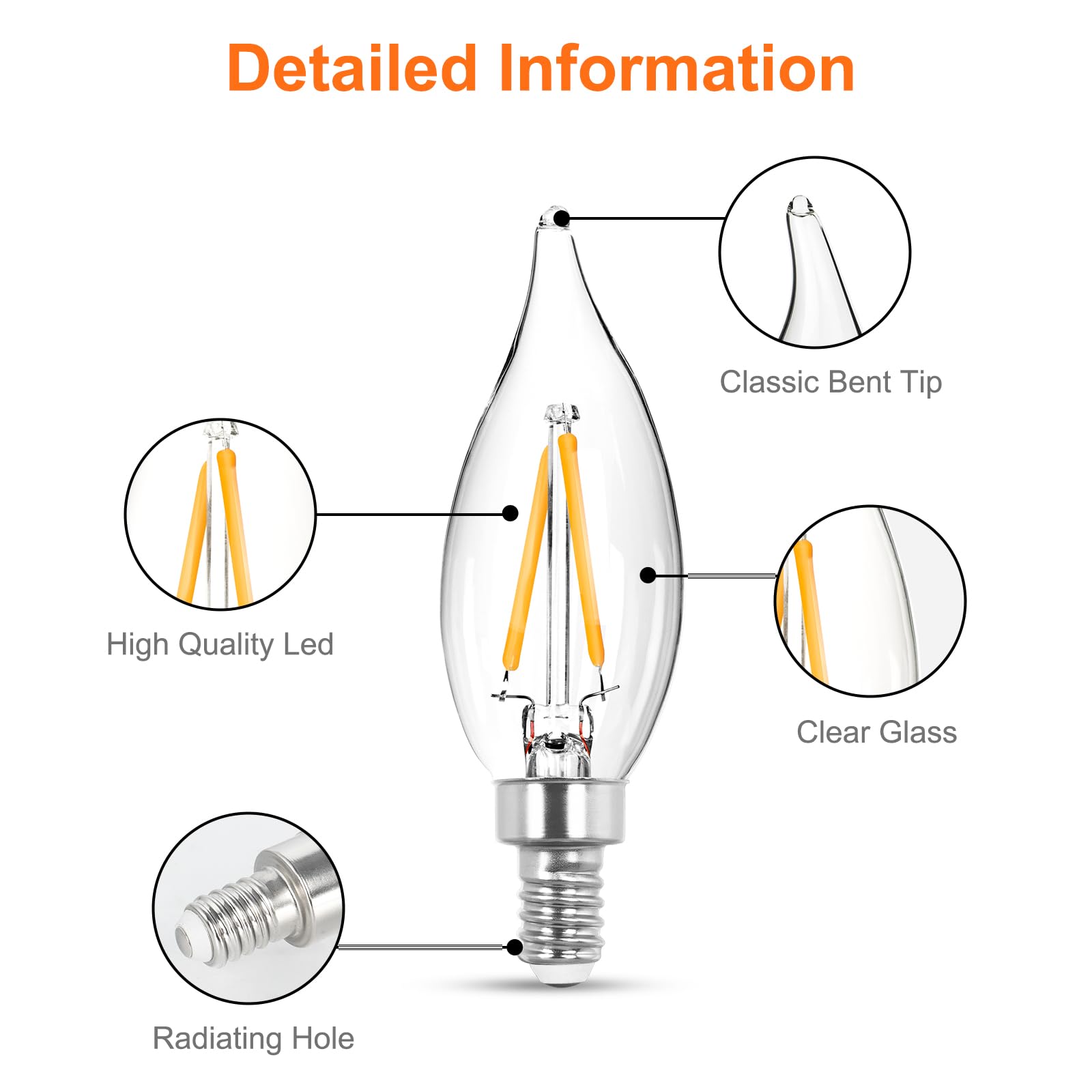 DGE 40 Watt Warm White Ceiling Fan Light Bulbs C32 Chandelier Light Bulbs Bright and Long Lasting 380 Lumen Bent Tip Light Bulb with E12 Candelabra Base, 12 Packs