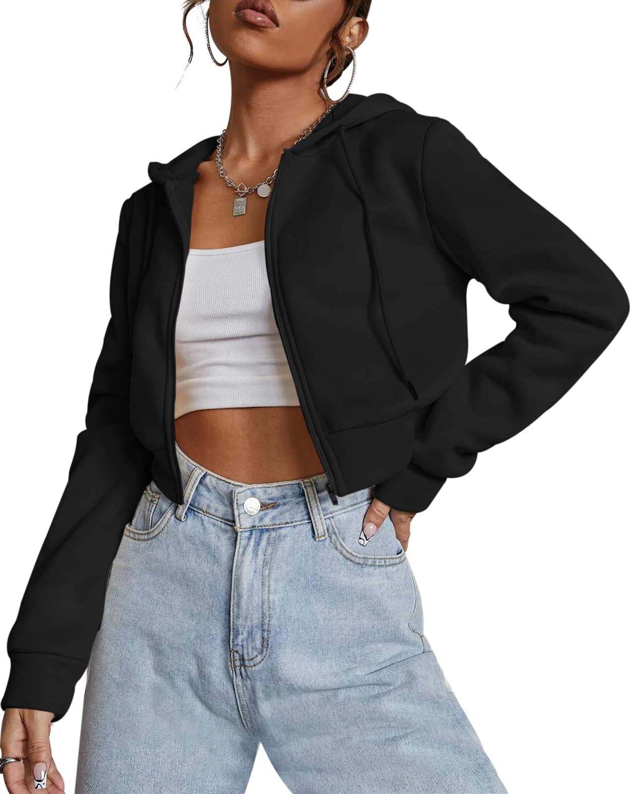 Fessceruna Women Crop Tops Zip Up Hoodies Drawstring Casual Long Sleeve Basic Cropped Sweatshirt Black