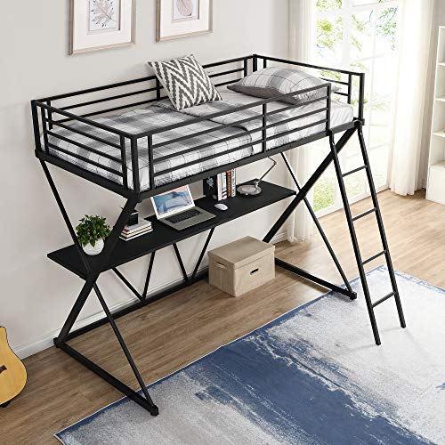 Twin Loft Bed with Desk, Loft Bed with Ladder and Full-Length Guardrails, X-Shaped Frame,Maximum Weight of 220 lb, Black(New)