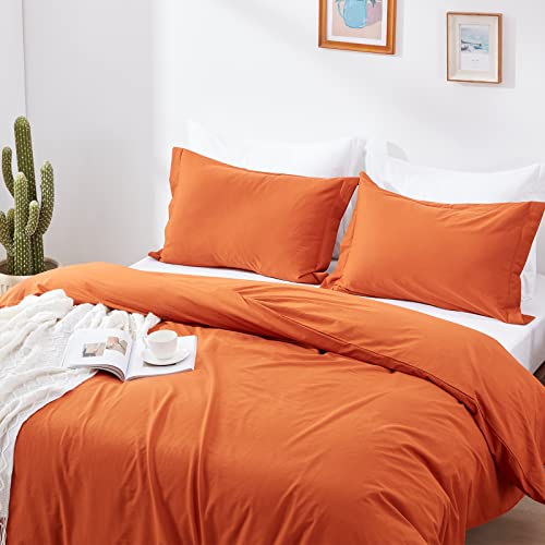 NexHome Burnt Orange Queen Washed Cotton Duvet Cover Set with Zipper Closure Soft Double Solid Blue Grey Color Bedding Duvet Cover 90x90 inches and Pillow Sham for All Seasons