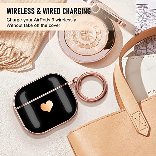 Maxjoy AirPods 3rd Generation Case Cover, Cute Electroplating with Gold Heart Pattern with Lanyard Shockproof Cover for Girls Woman Airpods 3 case-Black