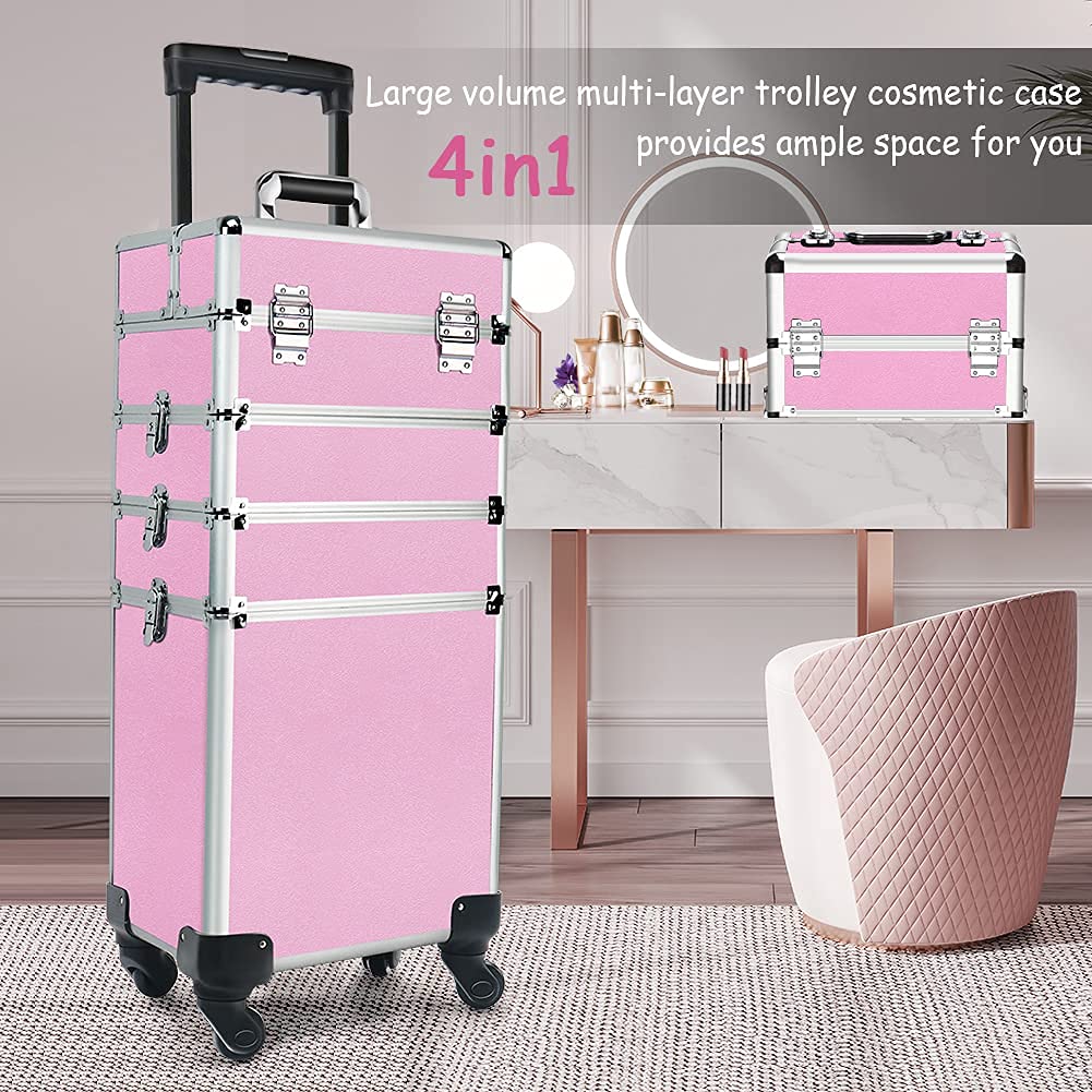 Cosmetic Rolling Makeup Train Case 4 in 1, Make Up Box Travelling Professional, Cosmetology Case on Wheels Pink Black Silver for Cosmetic, Hairstylist, Nail Technician, Tattoo