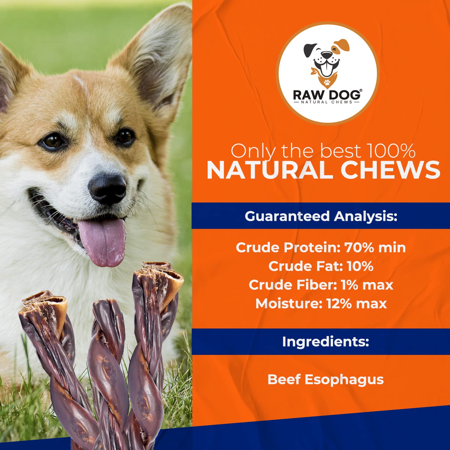Raw Dog 6" Braided Beef Gullet Sticks (3 Pack) β 100% All Natural Dog Treats & Dental Chews, Non-GMO Grass Fed Beef, Chemical Free Low Odor