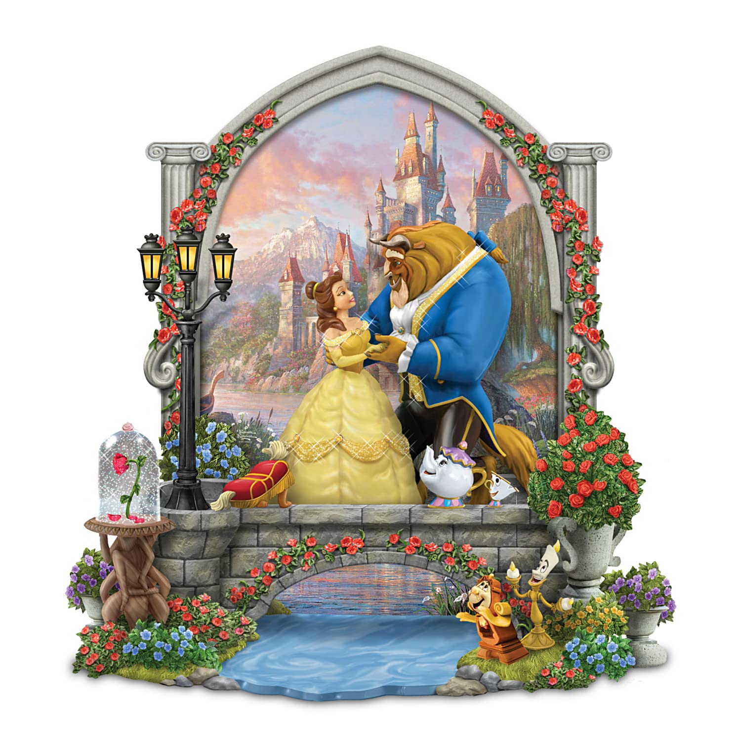 Disney A Tale of Enchantment Hand-Painted Beauty and The Beast Sculpture Adorned with Glitter Accents and Backdrop Art from Thomas Kinkade Studios