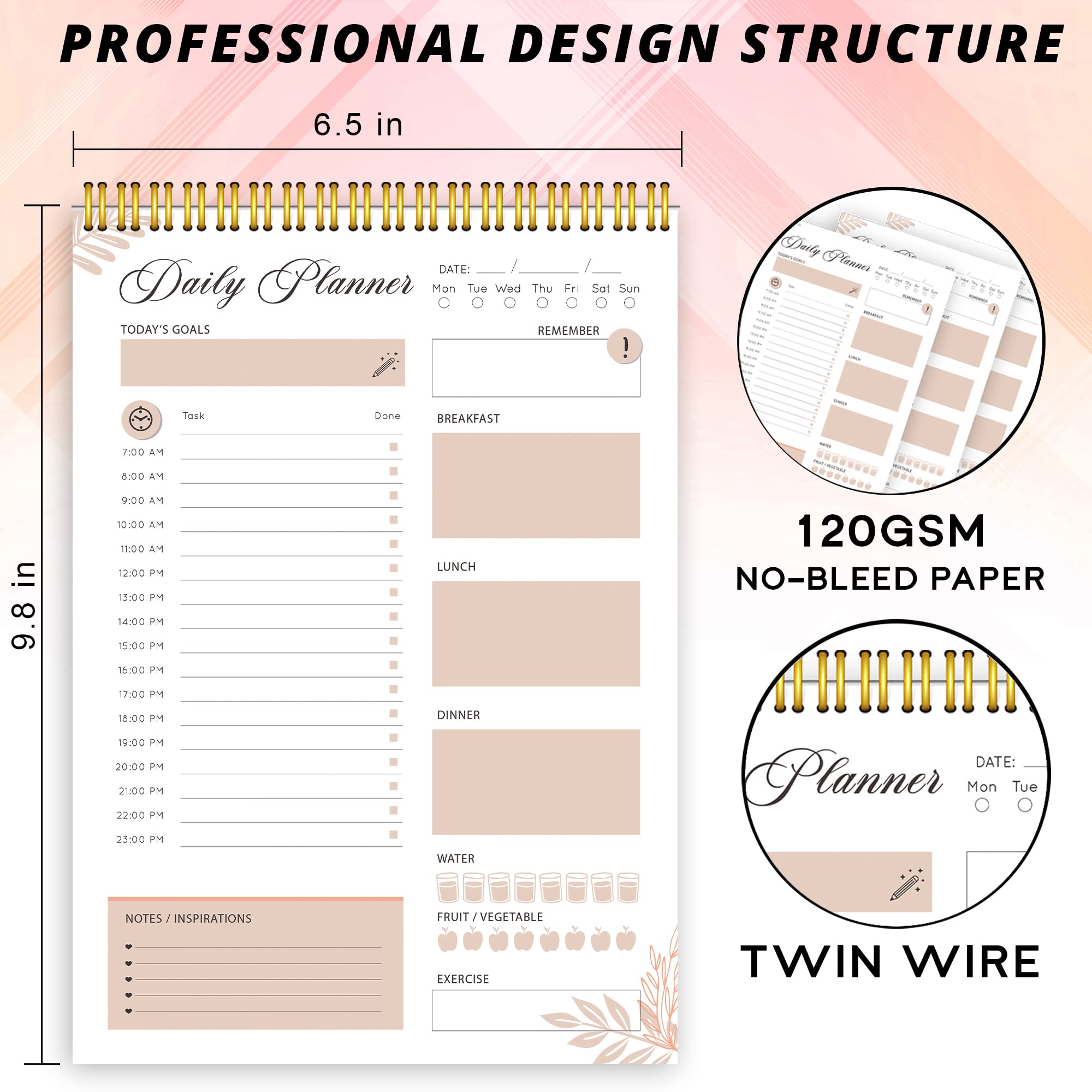 Daily Planner with 4 Office Highlighters, To do List Notebook with Hourly Schedule, Productivity Calendar Exercise, Work Organizer for Man/Women, Daily Journal for Priority Notes, (6.5x9.8")