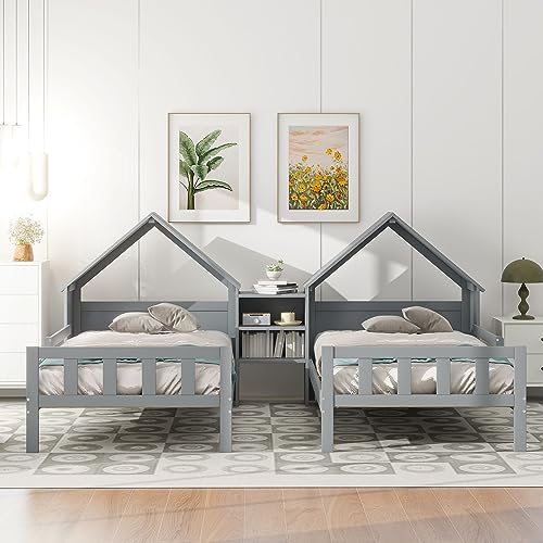 Twin Size Double Shared Platform Bed 2-In-1 Panel Bed w/House Shape Headboard & Footboard for Teen,Rustic Country Wooden Bedframe Mattress Foundation w/Built-in Nightstand & Slats for Boy Girl (Grey)