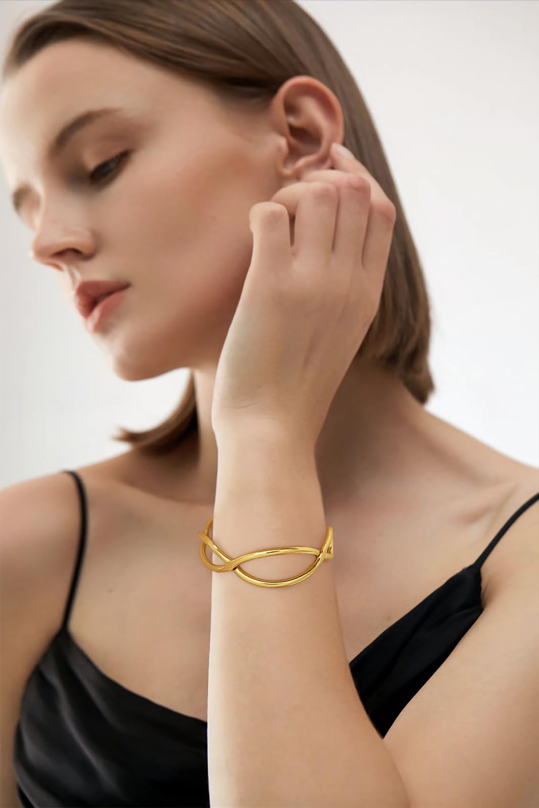 ENSKEFEN Two-Tone Cuff Bracelet for Women Dainty Teardrop Open Bangle Gold Plated Adjustable Cuff Bracelet