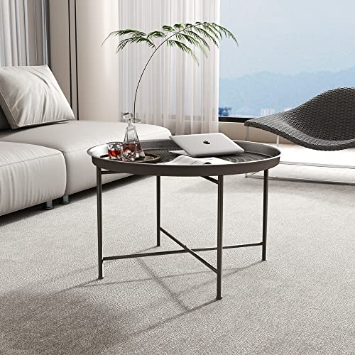 Yusong Coffee Table, Boho-Chic Hammered Metal Tray Coffee Table, Mahdavi Round Coffee Tea Table, Living Room Tables for Storage and Display, Brushed Silver